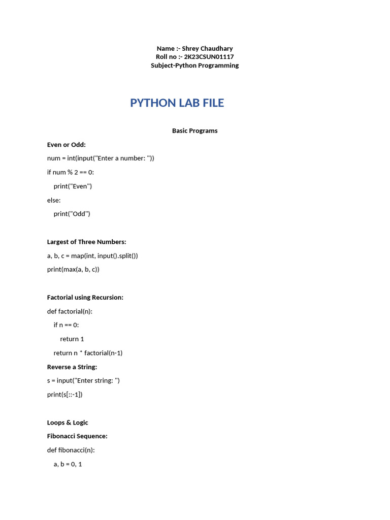 Vaibhav Chaudhary Python Lab File | PDF | Software Engineering | Computer Programming