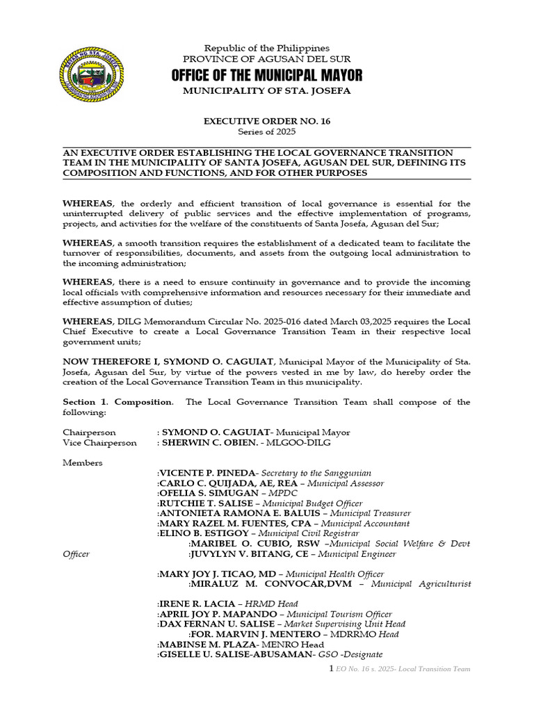 Local Governance Transition Team Order | PDF