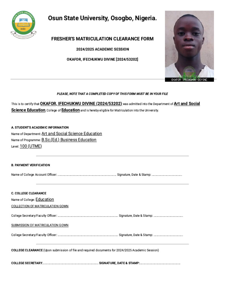 UniOsun Matriculation Clearance Form | PDF