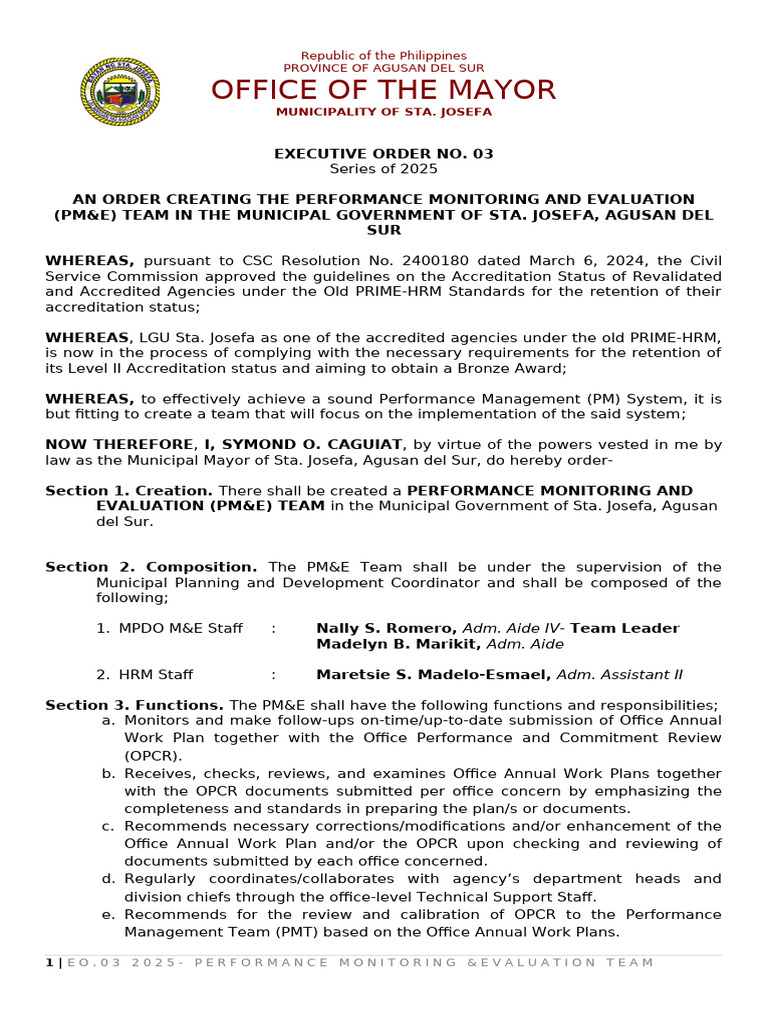 Sta. Josefa PM&E Team Executive Order | PDF | Government