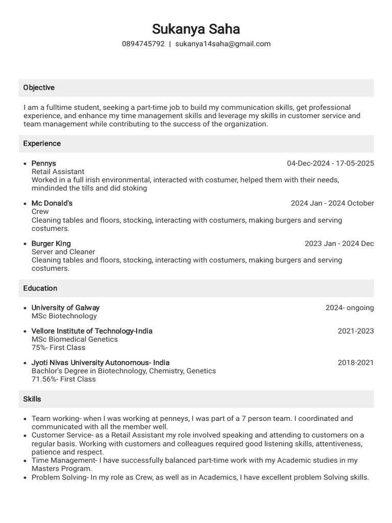 Student Resume for Part-Time Jobs | PDF