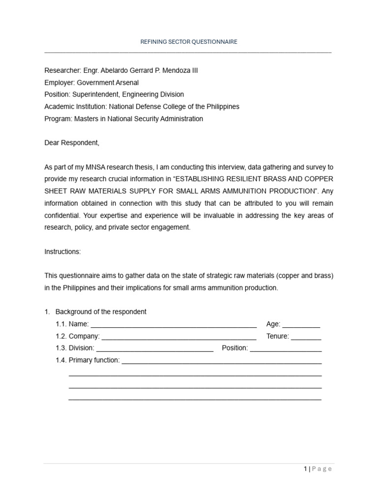 Refining - Thesis Questionnaire | PDF | Supply Chain | Copper