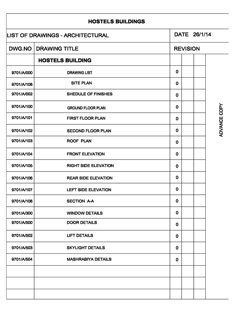 Final Architectural DRG List Hostel | PDF