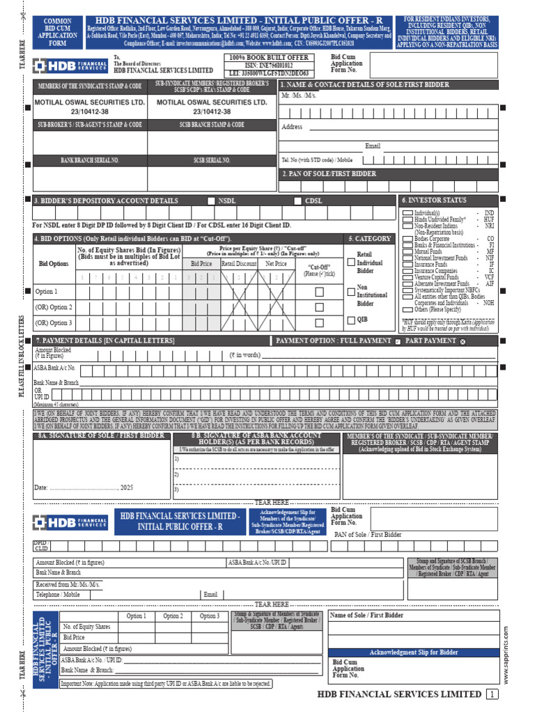 HDB Financial Services IPO Application Form | PDF | Financial Services ...