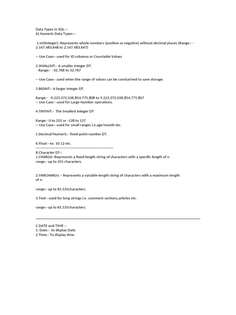 Data Types in SQL | PDF