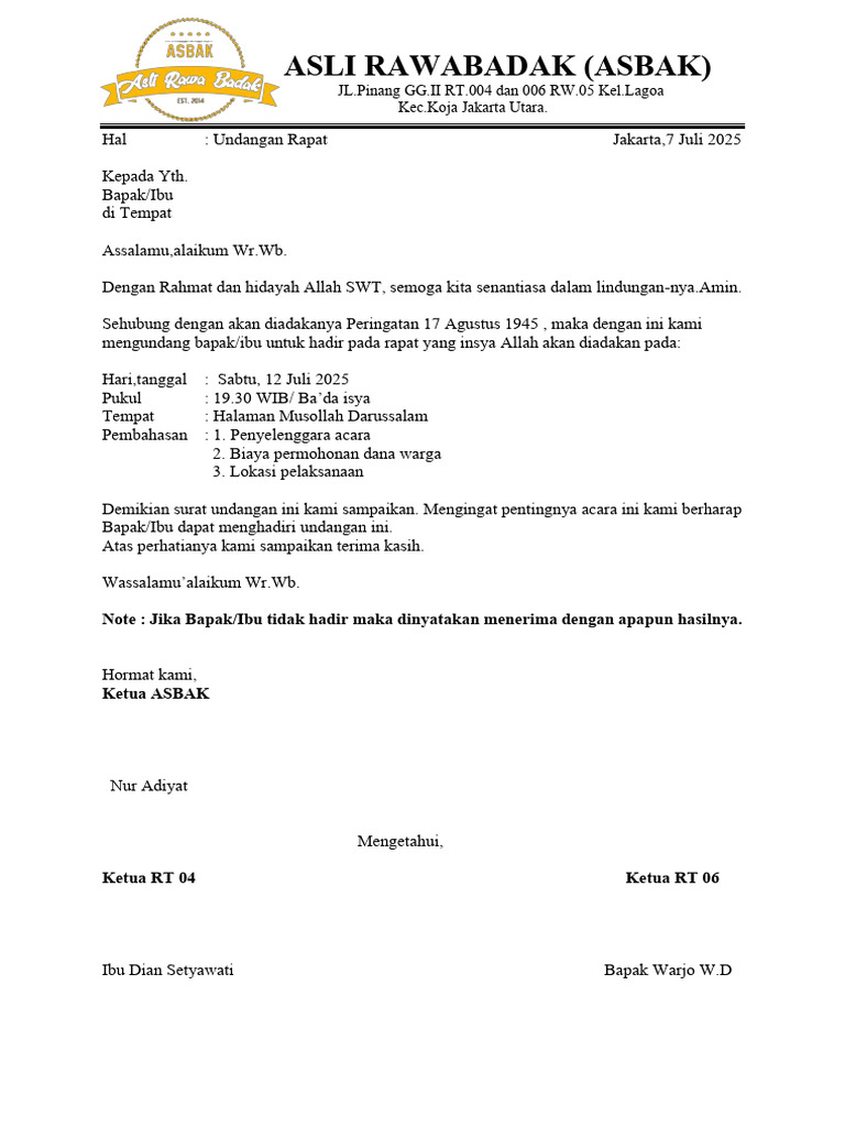 Surat Undangan 17an ASBAK | PDF