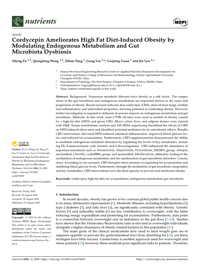 Cordycepin Ameliorates High Fat Diet-Induced Obesity by Modulating ...