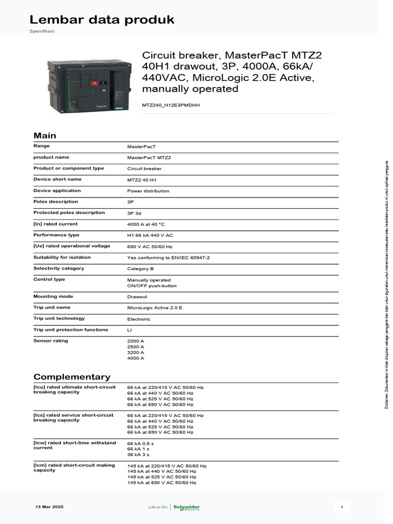 MasterPacT MTZ2 4000A Circuit Breaker | PDF | Alternating Current ...