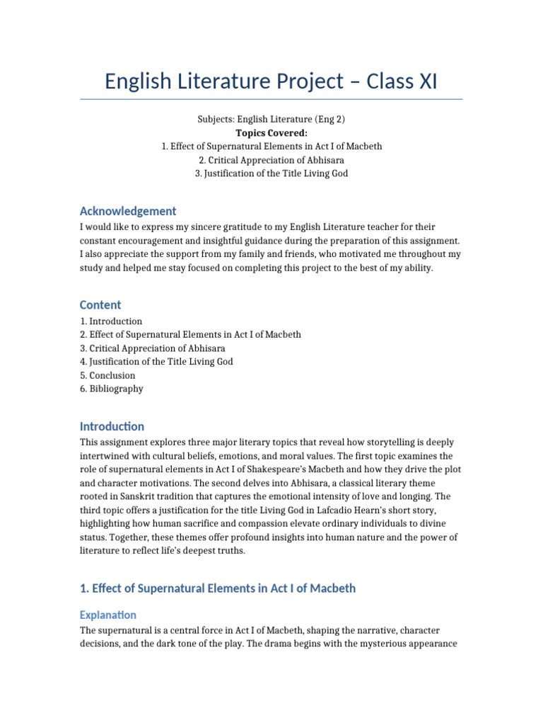 English Literature Project Class XI | PDF