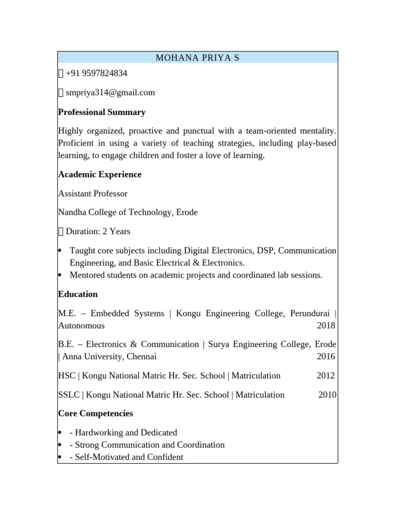New Mohana - Priya - Resume | PDF