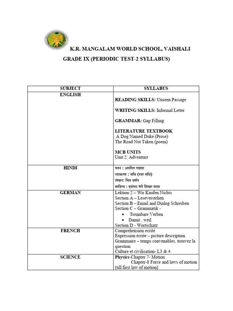 Pt-2 Grade 9 Syllabus'' | PDF