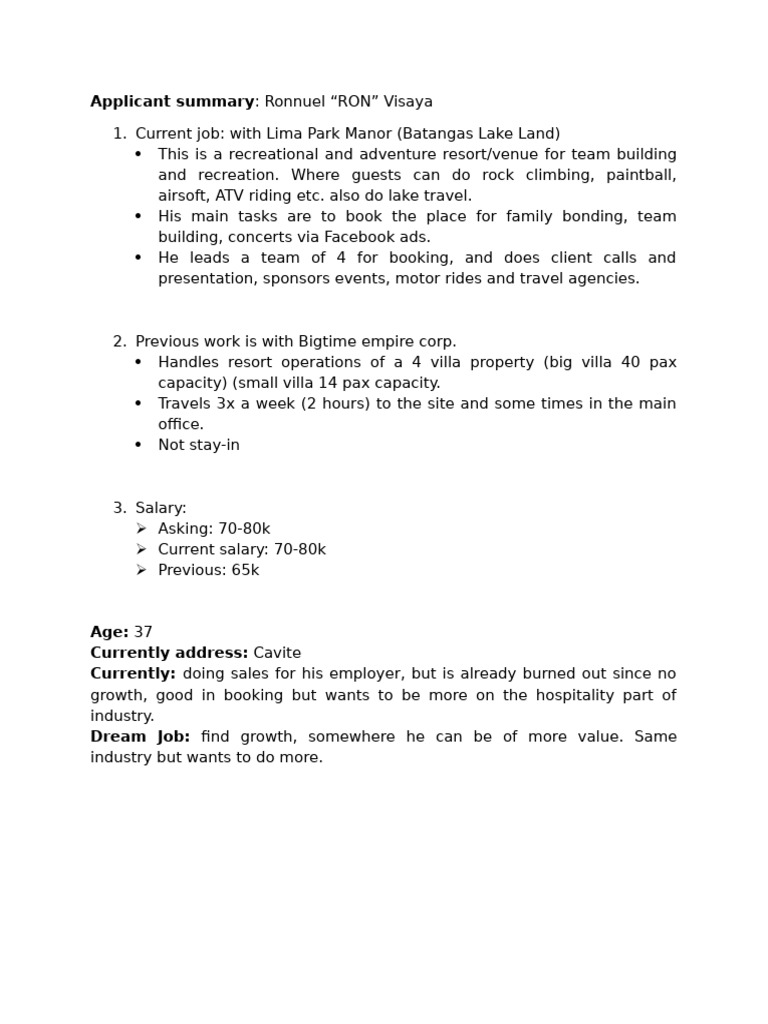 Applicant Summary - Ronnuel VIsaya (Resort Manager) | PDF