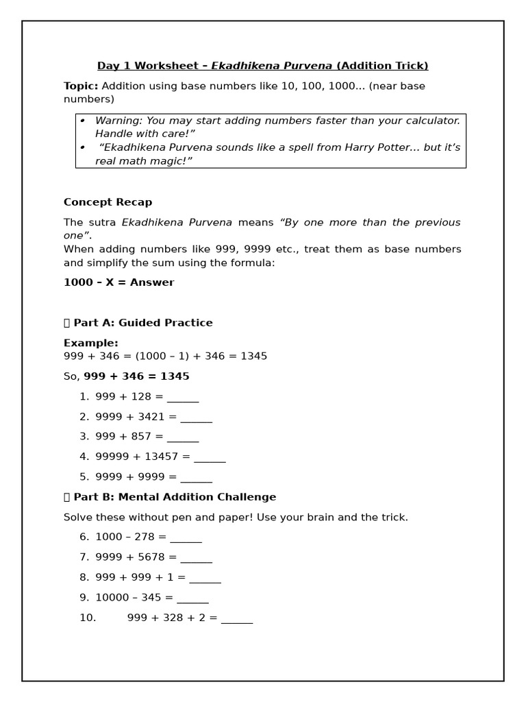 Day Wise Worksheet Vedic Workshop | PDF | Arithmetic | Mathematics