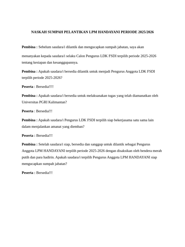 Naskah Sumpah Pelantikan LDK Fsdi 2025-2026 | PDF