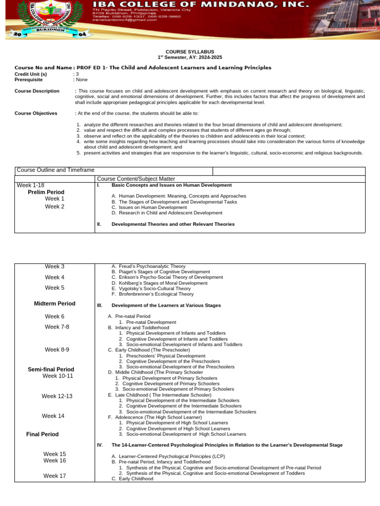 Child and Adolescent Learning Syllabus | PDF | Youth | Developmental ...