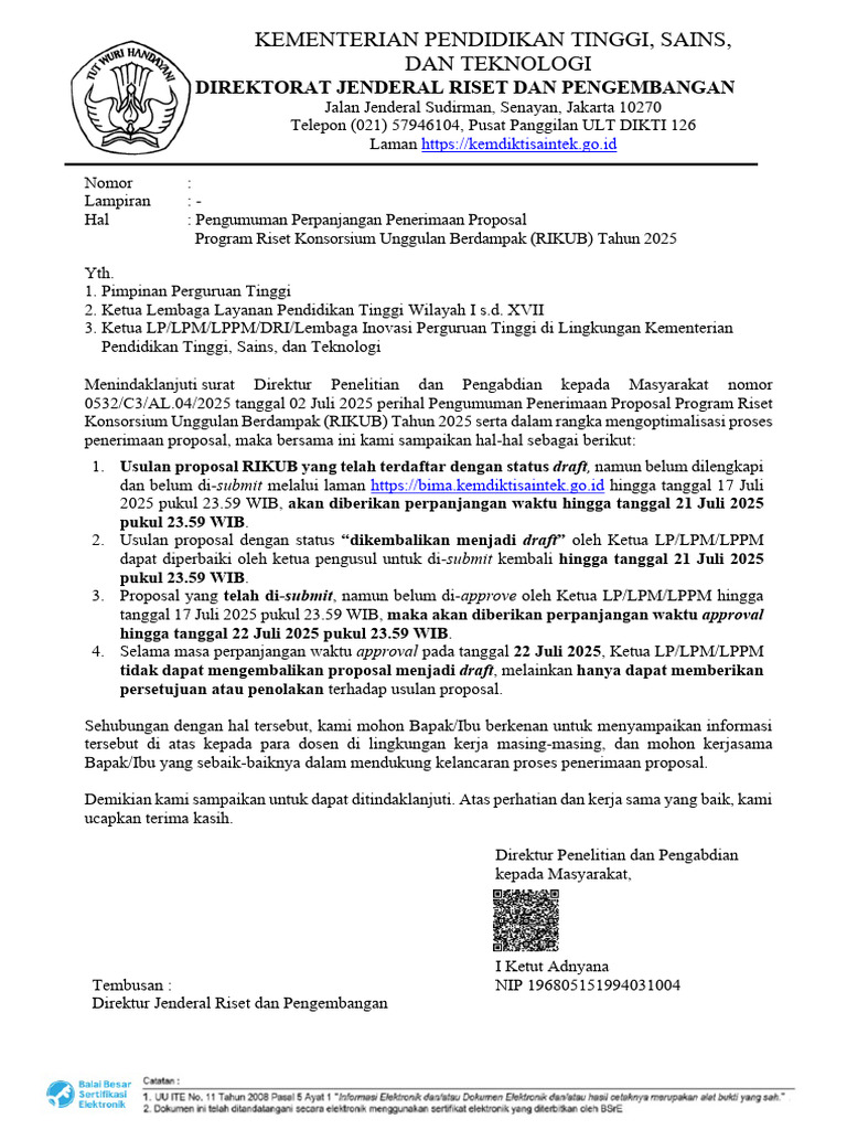 Pengumuman Perpanjangan Penerimaan Proposal Program Riset Konsorsium Unggulan Berdampak (RIKUB ...