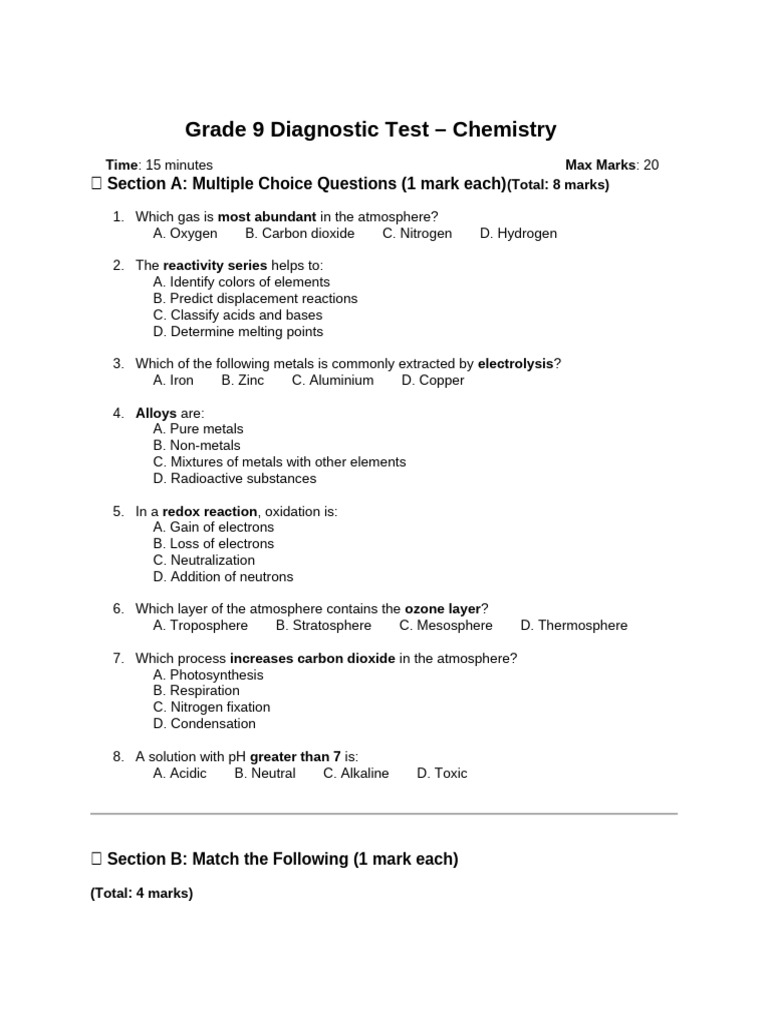 Grade 9 Diagnostic Test - Chemistry | PDF | Atmosphere Of Earth | Redox