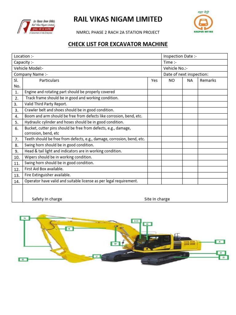 Excavator Safety Inspection Checklist | PDF