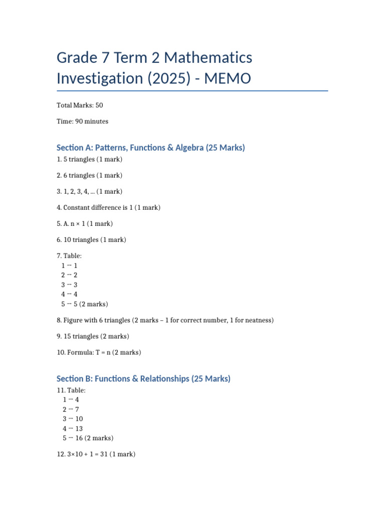 Grade7 Maths Investigation Memo Term2 2025 | PDF