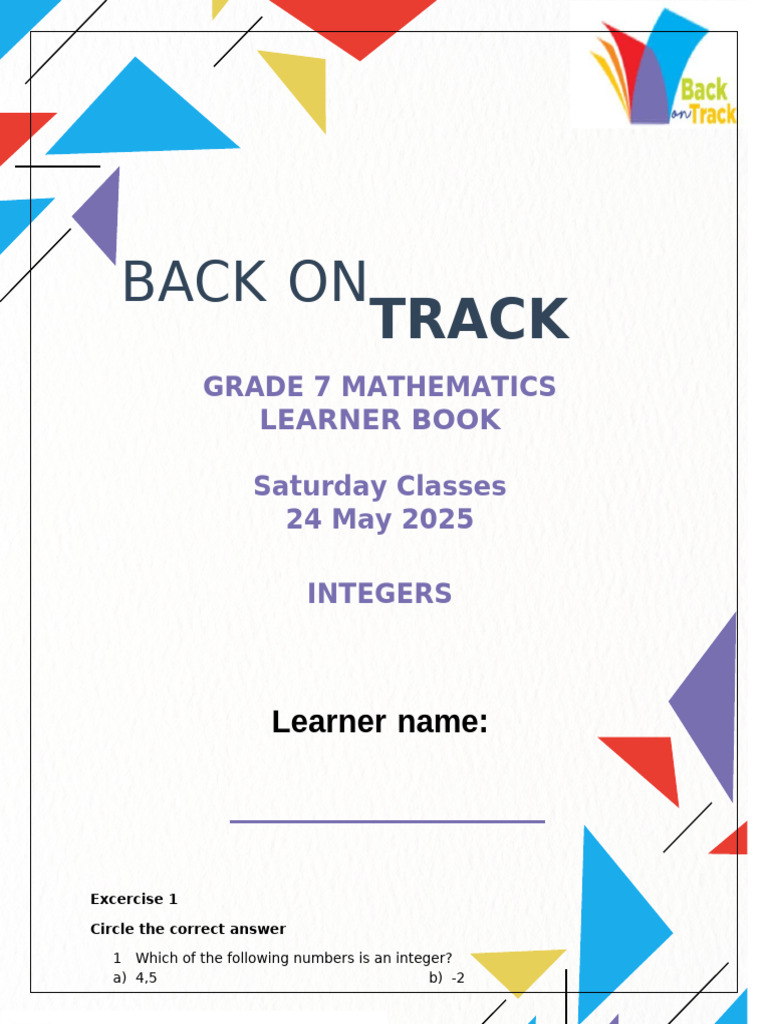 Maths, Bot GR 7 - 24 May - Integers Learner Book Final | PDF | Integer
