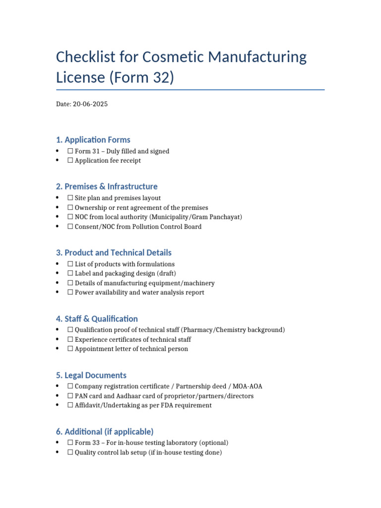 Cosmetic License Form32 Checklist | PDF