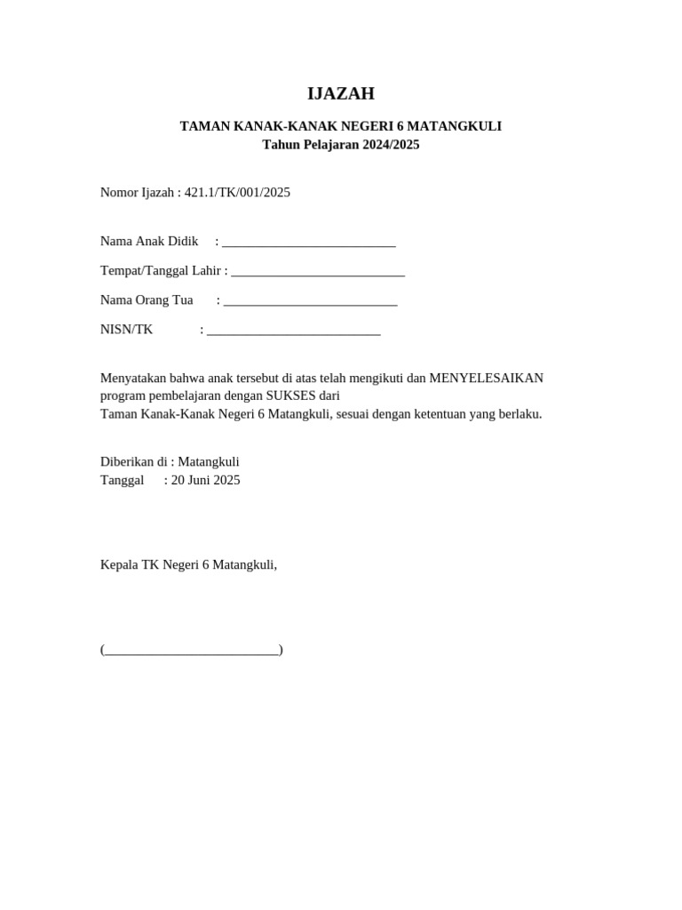 Ijazah TK Versi Sukses | PDF