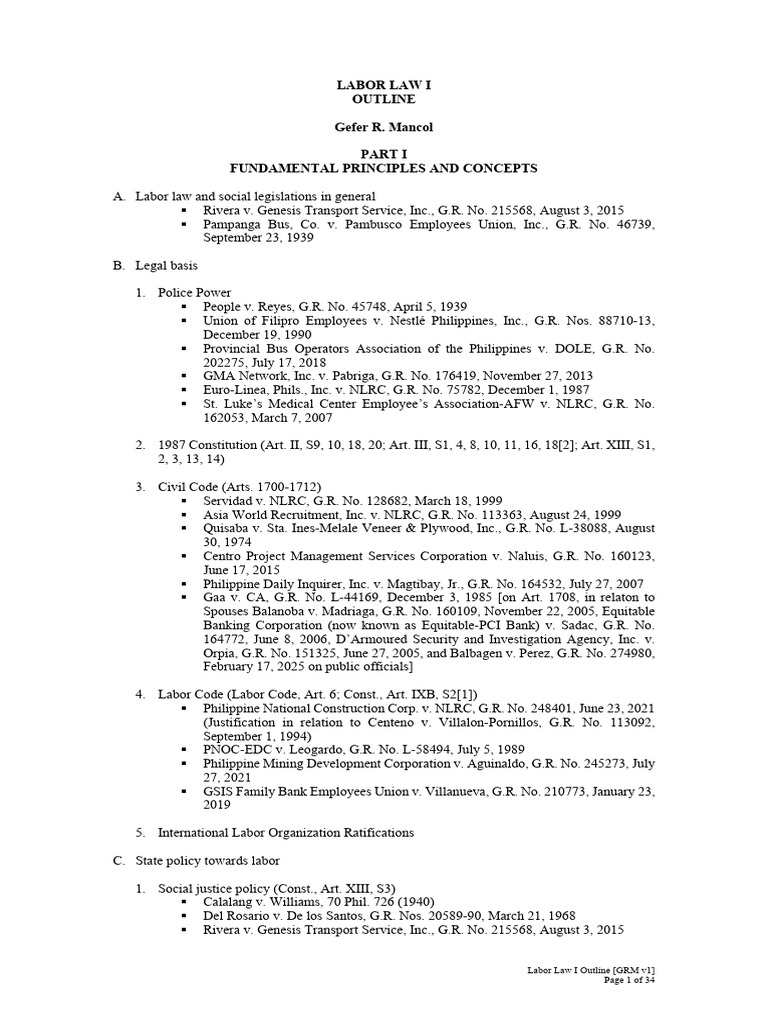 Labor Law I Outline GRM v1 | PDF | Labor | Employment