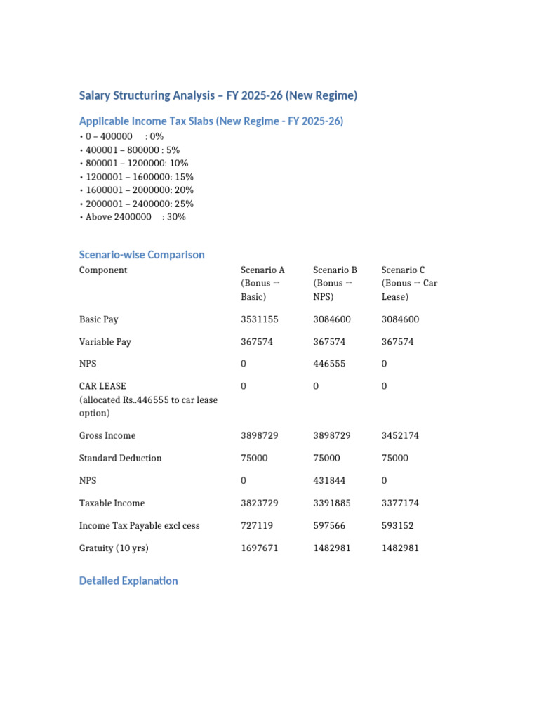 Salary Structuring Analysis FY2025-26 | PDF | Taxes | Tax Bracket