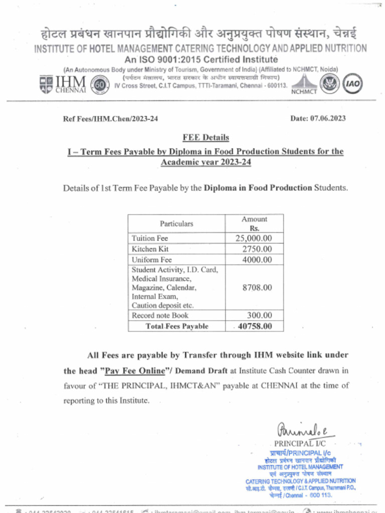Fee Notice For Diploma in Food Production 2023 24 | PDF