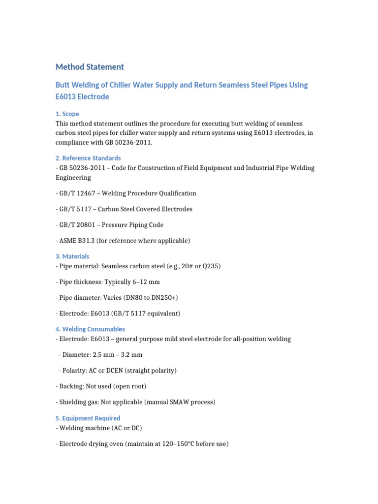 Method Statement Butt Welding Using E6013 | PDF | Welding | Construction