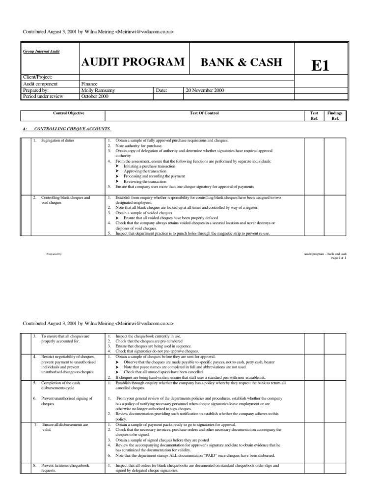 Audit Program Bank and Cash | PDF | Cheque | Payments