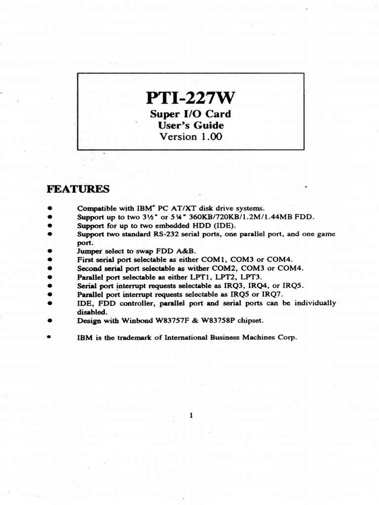 PTI-227W Super I/O Card Manual | PDF