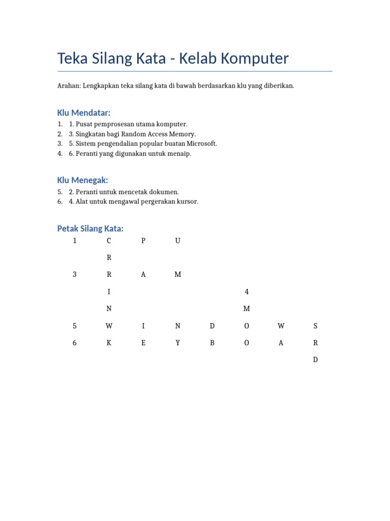 Template Teka Silang Kata Kelab Komputer | PDF