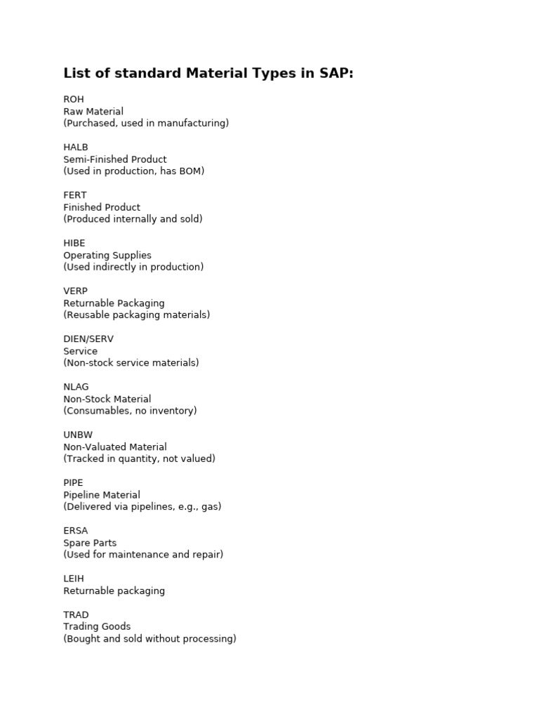 List of Standard Material Types in SAP | PDF