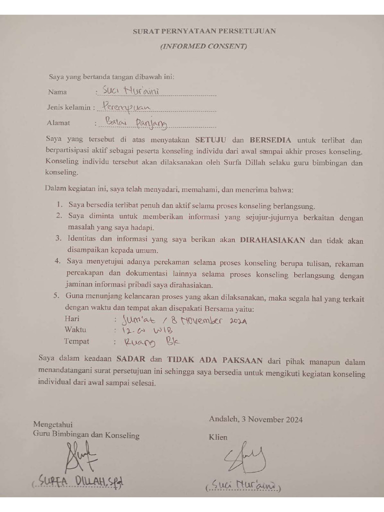 Surat Persetujuan Konseli | PDF