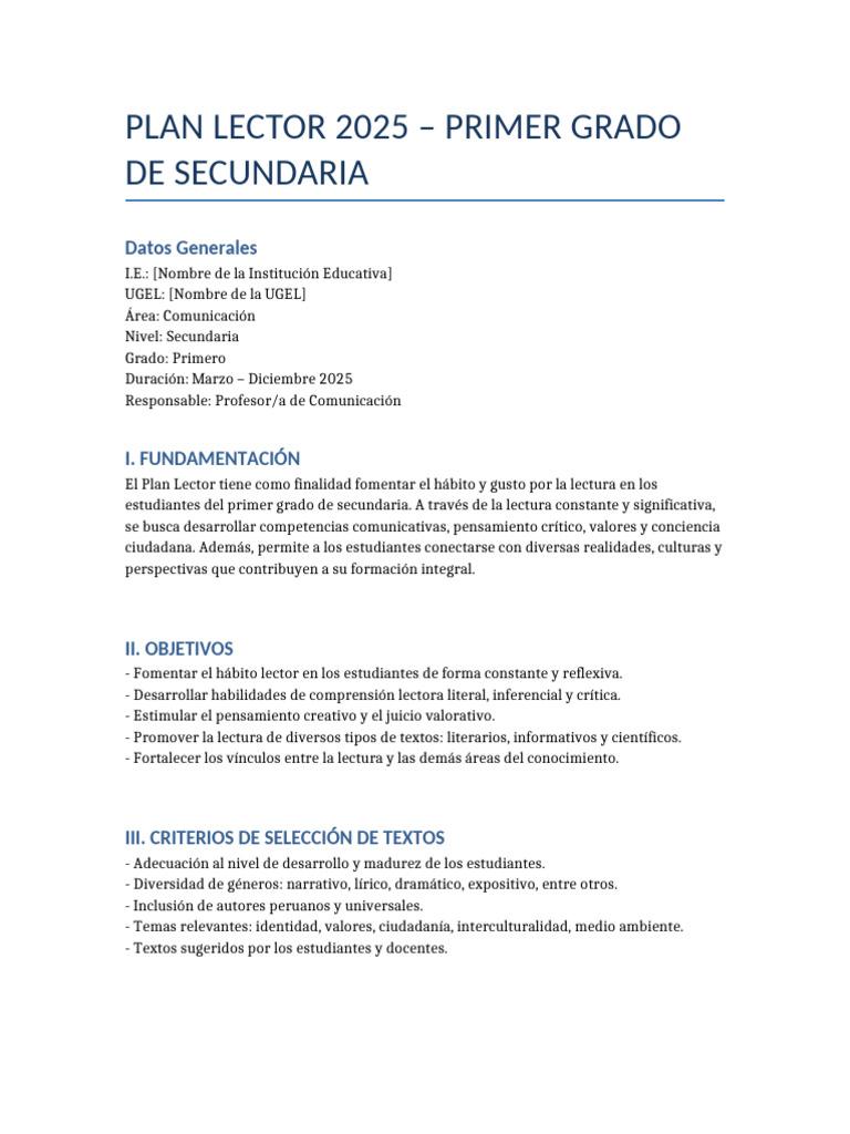Plan Lector Primero Secundaria 2025 | PDF | Comprensión lectora
