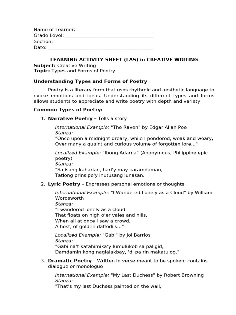 ADM3 Learning Activity Sheet Types and Forms of Poetry | PDF | Poetry ...