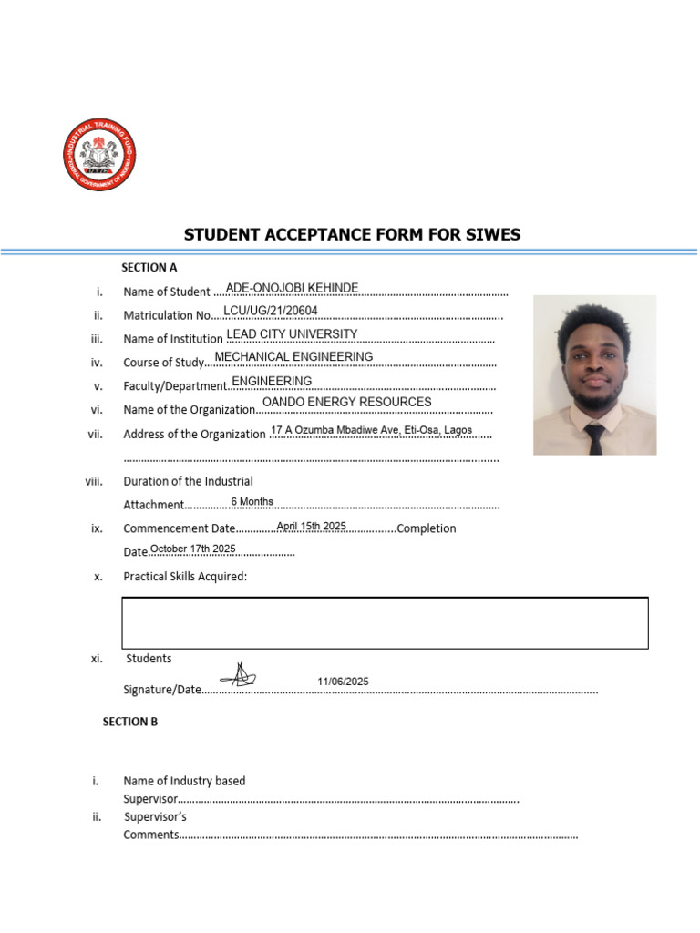 SIWES ACCEPTANCE FORM 5A - SOFT COPY (Filled) | PDF