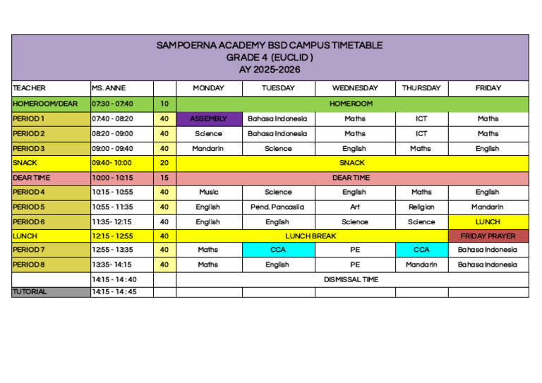 Grade 4 Timetable AY 2025-2026 | PDF