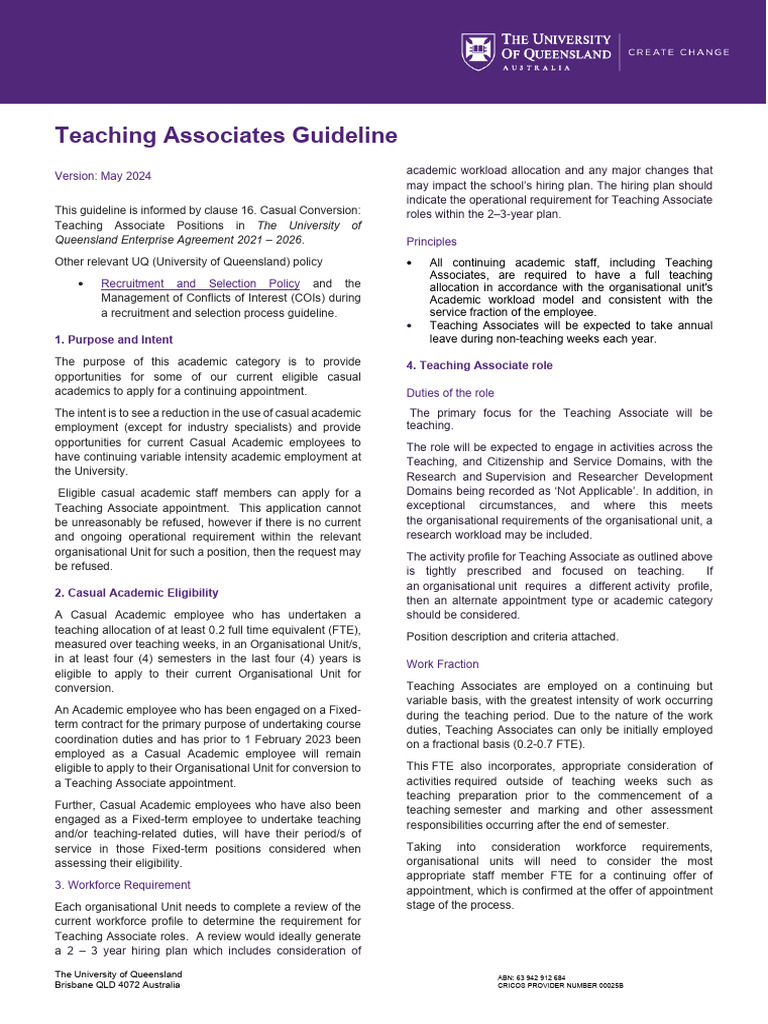 Teaching Associate Guidelines at UQ | PDF | Employment | Full Time ...