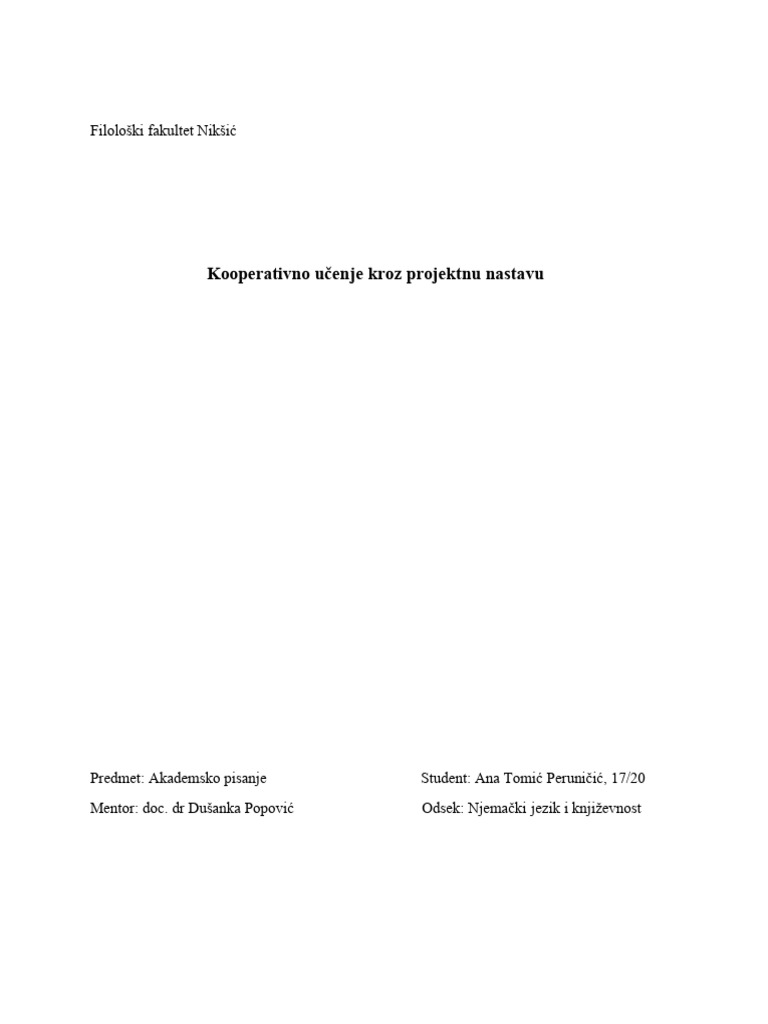 Projektna Nastava - Ana Tomić Peruničić | PDF