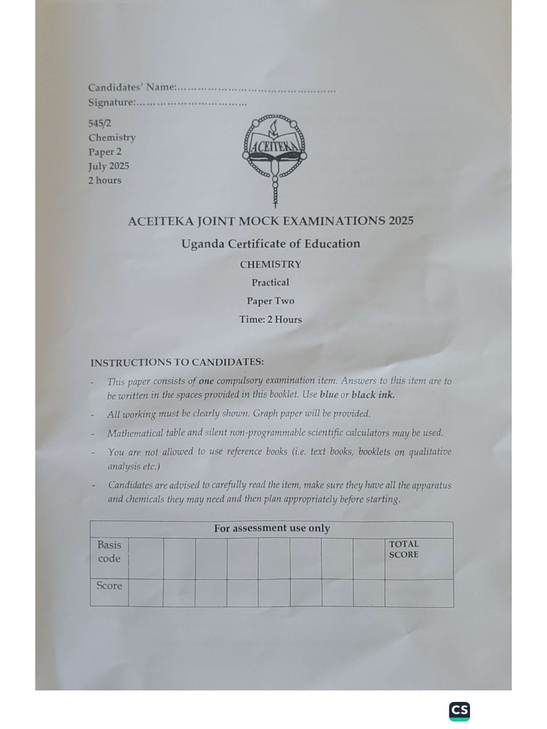 s.4 Chem Paper 2 Aceiteka | PDF