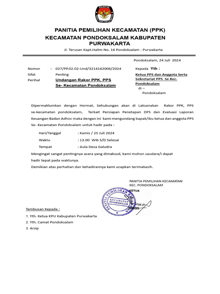 Surat Undangan Rakor PPS... 25 Juli 2024 | PDF
