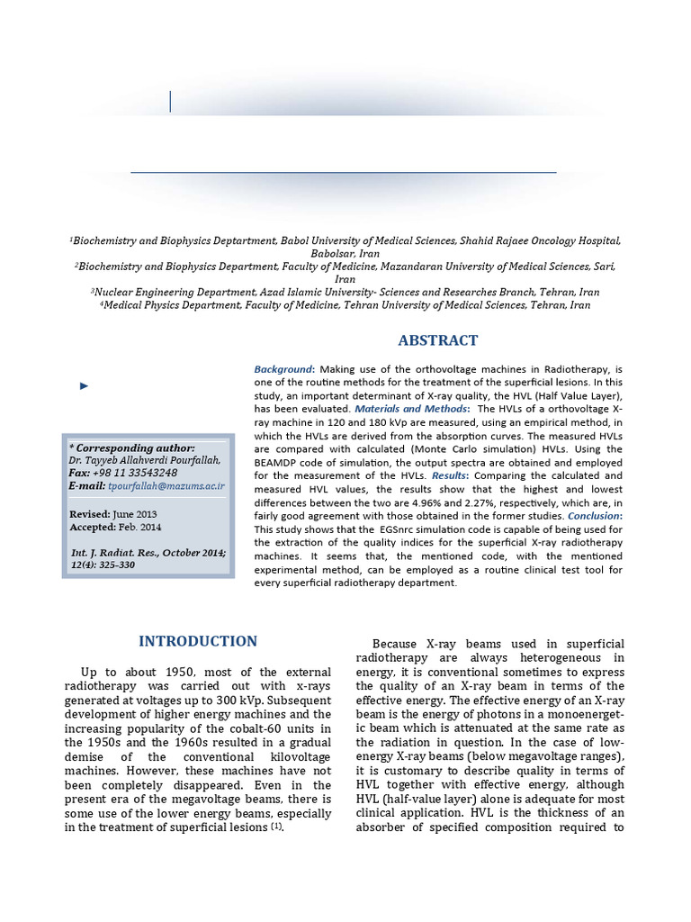 HVL Evaluation of Orthovoltage X-Ray Machine Using EGSnrc Code | PDF | Electron | Radiation Therapy