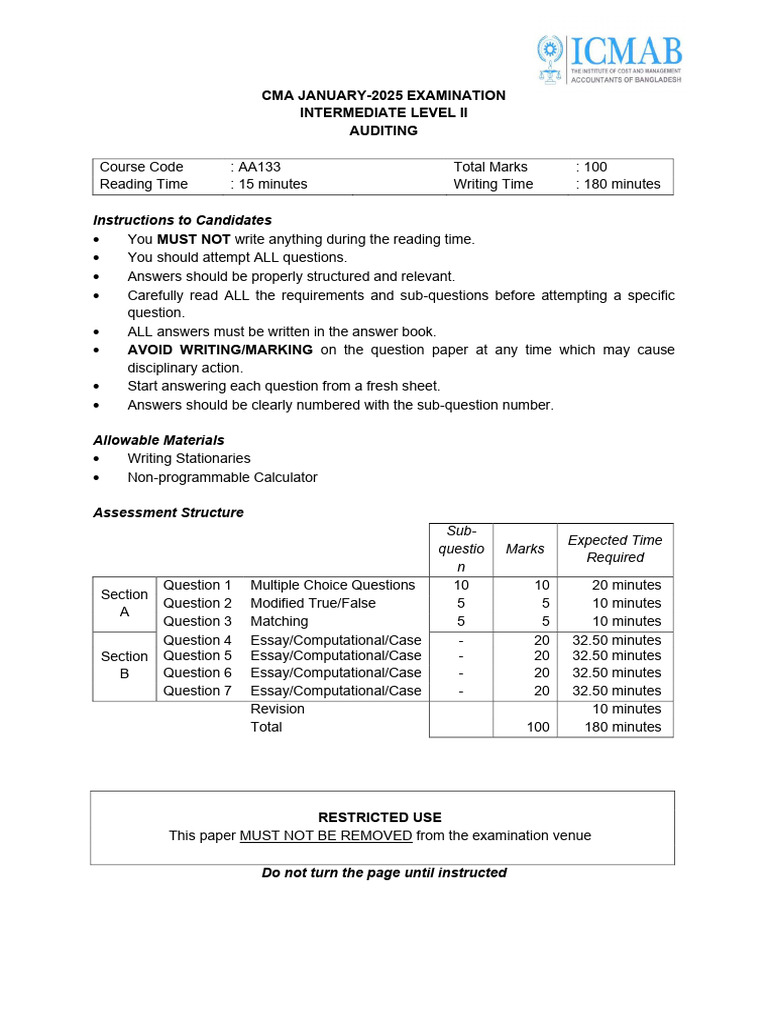 CMA Jan 2025 Exam: AA133 Auditing Guide | PDF | Auditor's Report | Audit