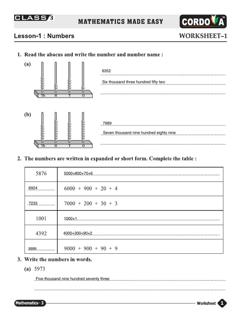 G3 Chapter 1 Worksheet For Practice | PDF
