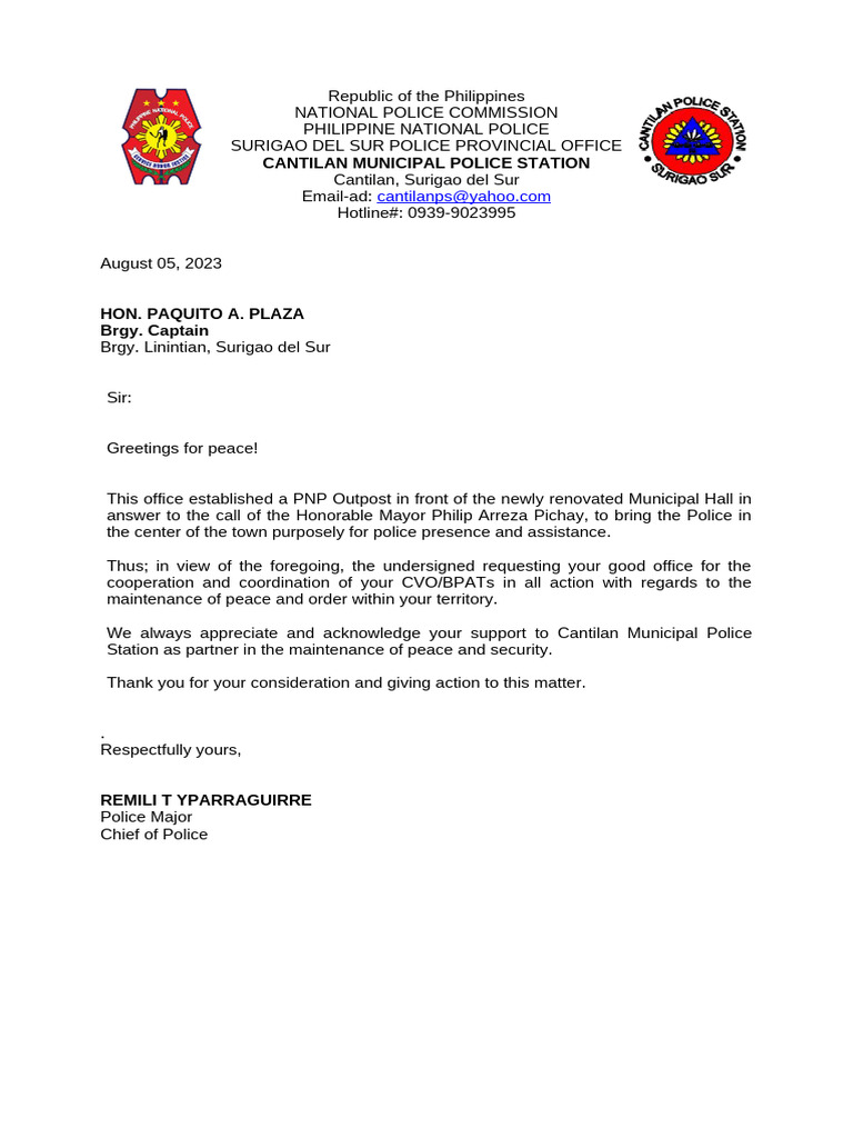 Establishment of PNP Outpost in Cantilan | PDF