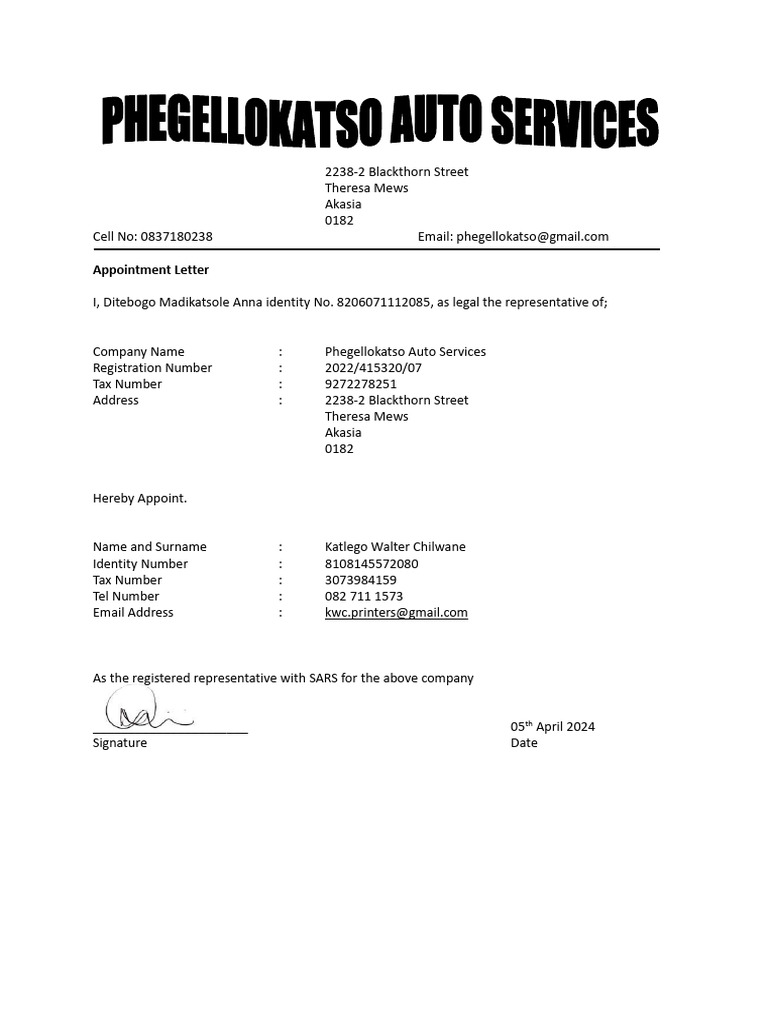 SARS Representative Appointment Letter | PDF