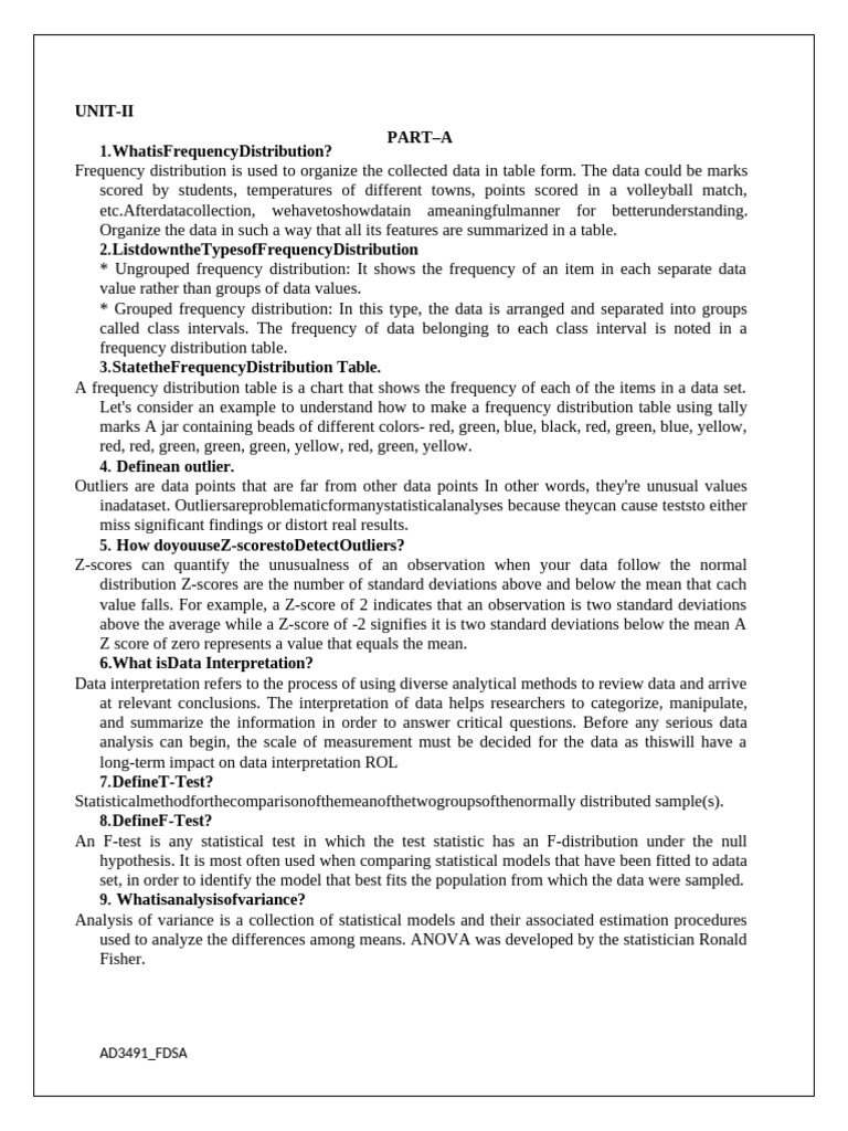 IV Ai-Ds Ad3491 Fdsa QB Unit2 | PDF | Statistics | Analysis Of Variance