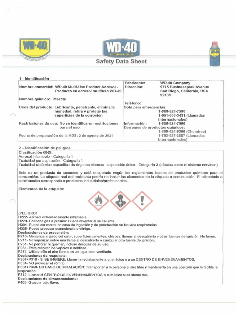 Wd-40 Producto Multi-Uso, Msds | PDF